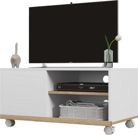HOMCOM Moderní TV Stánek na Kolečkách pro Televize do 42 Palců - TV Stánek do Obývacího Pokoje s 1 Dvéřmi a 2 Úložnými Policemi 80x45x39,5 cm Bílý | A