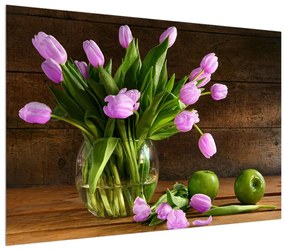 Obraz fialových tulipánů ve váze (100x70 cm)