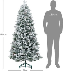 HOMCOM Umělý vánoční stromeček, umělý sníh a šišky, realistický, nehořlavý, kovový stojan, 183 cm, zelený