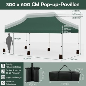 Costway Skládací stan s baldachýnem na akce s taškou – 300 × 600 cm, zelený