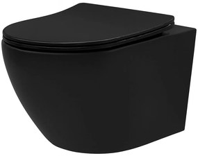 Rea Carlo Mini Tornado NF, závěsná WC mísa 490x365x350mm + toaletní sedátko, černá matná, REA-C3000