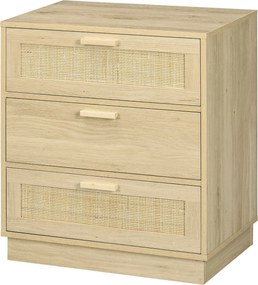 HOMCOM Noční stolek s 3 zásuvkami z ratanového pletiva, dřevěný komoda pro ložnici, obývací pokoj, bohémský styl 60x38x69 cm
