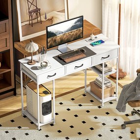 HOMCOM Psací stůl / kuchyňský stůl s 2 USB nabíjecími porty, 2 zásuvky, nastavitelné police, 3 látkové zásuvky, 120 x 40 x 76 cm, bílý