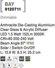 NV 9120711 Venkovní nástěnné svítidlo BAY antracitový hliník čiré sklo a akrylový difuzor LED 1.5W 3000K 3.7V 87st. IP65 solární / vypínač na těle / pohybové čidlo - NOVA LUCE