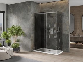 Mexen Omega, sprchový kout s posuvnými dveřmi 130 (dveře) x 70 (stěna) cm, 8mm šedé sklo, chromový profil + slim sprchová vanička bílá + chromový sifon, 825-130-070-01-40-4010