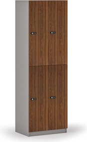 Dřevěná šatní skříňka S4 s úložnými boxy, 4 boxy, demont, mechanický kódový zámek, šedá/ořech