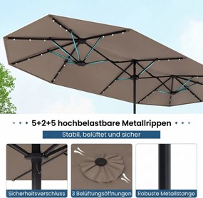 Costway Dvojitý slunečník se stojanem a LED světly a UPF 50+, hnědý