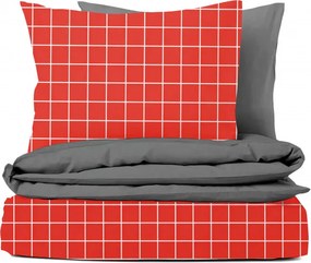 Ervi Bavlněné povlečení oboustranné - Elegantní červené čtverce/šedé