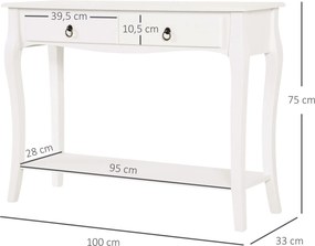HOMCOM Konferenční Stolek s Úložným Prostorem do Obývacího Pokoj a Předsíně s Šuplíky a Policí Elegantní Design 100x33x75cm Bílý Lesklý Dřevěný