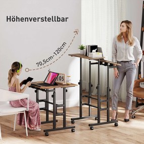 HOMCOM Výškově nastavitelný kuchyňský stůl s policí, kolečky, rustikální psací stůl hnědý 60 x 70,5-120 cm