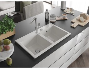 Mexen Hektor, 2-komorový granitový dřez 800x480x205 mm, bílá, chromový sifon, 6521802000-20