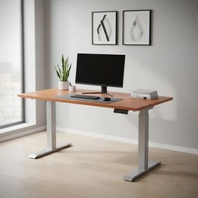 Výškově nastavitelný stůl OfficeTech D, 140 x 80 cm, šedá podnož, třešeň