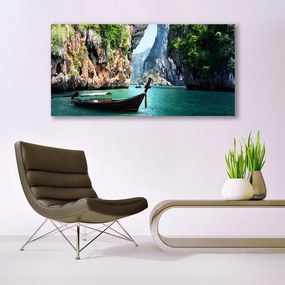 akrylový obraz Loď Jezero Skály Krajina 120x60 cm