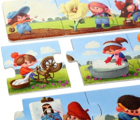 PUZZLIKA Baby dějové puzzle skládačka Výroba džínů velké dílky set 15ks pz14231