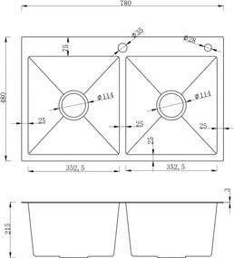 Erga HD, 2-komorový ocelový dřez 780x480x215 mm, broušená ocel, ERG-MLS-LEX7848