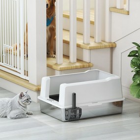 PawHut XXL Voděodolná toaleta pro kočky, kočičí toaleta s vyššími stěnami, nerezový zásobník a lopatka, kočičí toaleta v ABS, 71x50.8x35.5 cm, Bílá
