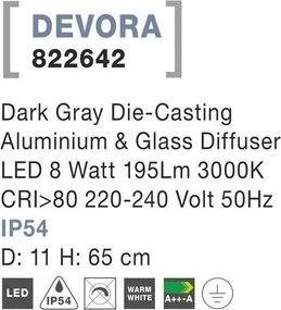 NV 822642 Venkovní sloupkové svítidlo DEVORA tmavě šedý hliník a skleněný difuzor LED 8W 3000K 220-240V IP54 - NOVA LUCE