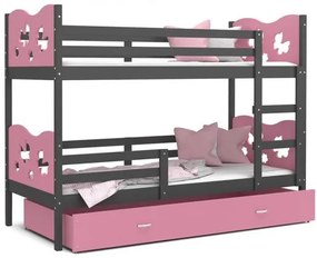 Dětská patrová postel MAX 160x80 cm s šedou konstrukcí v růžové barvě s MOTÝLKY