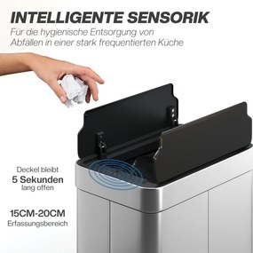 Senzorový odpadkový koš, objem 55 l, motýlkové víko, automatické otevírání, nerezová ocel, stříbrná barva