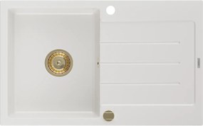 Mexen Bruno, granitový dřez 795x495x200 mm, 1-komorový, bílá se zlatým sifonem, 6513791010-20-G