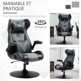 Ergonomická herní židle Vinsetto s nastavitelnou výškou, kulatou základnou, sklápěcími opěrkami, podhlavníkem a bederními polštáři, PU šedá černá | Ao