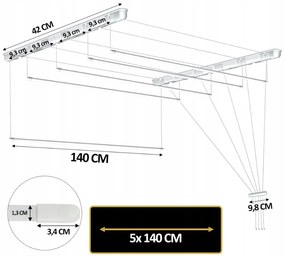 Erga Erga, stropní věšák na sušení prádla 5x140 cm, bílé, ERG-SEP-10SUSSUF5PP14