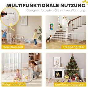 PawHut Ohradník pro domácí mazlíčky, 8dílná zábrana s dvířky, skládací, pro malé a středně velké psy, plast, uhlíková ocel, bílý