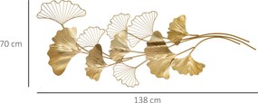 HOMCOM 3D Kovová Nástěnná Dekorace, Zlatá Nástěnná Umělecká Díla s Listy Ginkgo 138x70cm