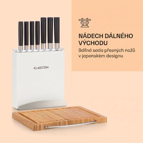 Klarstein Kitano Plus sada nožů 9 dílů s bambusovým prkénkem a dřevěným blokem, bílá