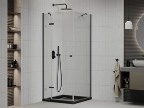 Mexen Roma, sprchový kout s 1-křídlými dveřmi 80 (dveře) x 80 (stěna) cm, 6mm čiré sklo, černý profil, slim sprchová vanička 5cm černá s černým sifonem, 854-080-080-70-00-4070B