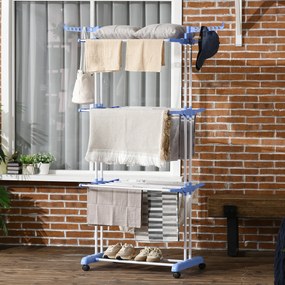 HOMCOM Věžový sušák 73 x 64 x 177 cm výsuvný s kolečky 4 úrovně pro vnitřní i venkovní použití ocelově modrý | Aosom.de