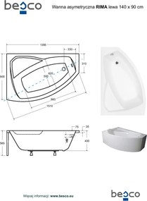 Besco Rima asymetrická vana 140 x 90 cm levá akrylát bílá VANRIM140L
