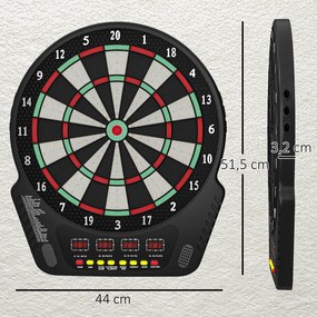 Elektronický šipkový terč HOMCOM s 6 šipkami a 24 šipkovými hlavicemi 27 her 243 možností zásahů 44 x 51,5 x 3,2 cm pro zábavu i soutěže