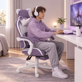 HOMCOM ergonomická herní židle s kočičími oušky, fialová
