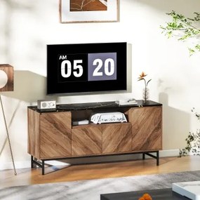 HOMCOM TV stolek pro TV až do 65 palců, nábytek z dřeva s otevřenou přihrádkou a průchodkou pro kabely, efekt mramoru, 140x39x66 cm, ořech