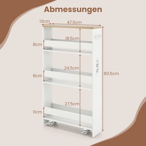 Costway 13 cm tenký úložný vozík s nabíjecí stanicí 4patrový rolovací kuchyňský