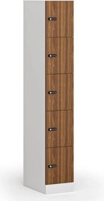 Šatní skříňka S1 s úložnými boxy, 5 boxů, 1850 x 300 x 500 mm, mechanický kódový zámek, laminované dveře, ořech