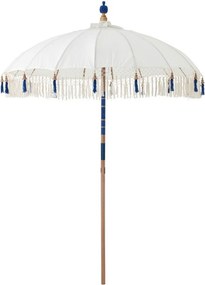 Béžový slunečník s dřevěnou tyčí a třásněmi Flavie Blue - ∅ 180*260 cm