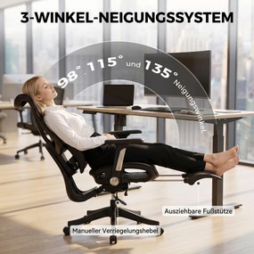 HOMCOM ergonomická síťovaná kancelářská židle s bederní opěrkou a podnožkou, černá