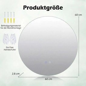 Costway Ø60 Kulaté LED osvětlené zrcadlo s nastavitelným jasem a chytrým