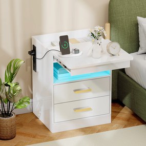 HOMCOM Noční stolek, přídavný stolek s nabíjecí stanicí a RGB LED osvětlením, vysoký lesk bílá