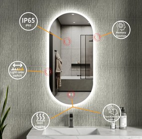 Erga Demi, oválné LED zrcadlo 50x100cm, 3 barvy světla, přední osvětlení, topná podložka proti zapaření, ERG-V01-DEMI-5010-CL