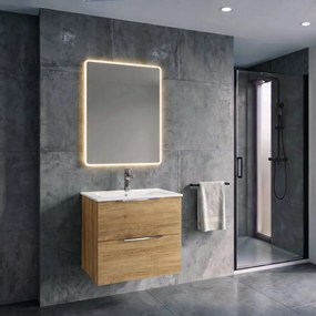 Sapho Cirasa koupelnový set skříňka 50 cm s úzkým umyvadlem a LED zrcadlem 2x zásuvka dub alabama hnědá KSET-111