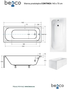 BESCO Obdélníková vana CONTINEA Nožičky k vaně - Bez nožiček, Rozměr vany - 140 × 70 cm - VANCONT140