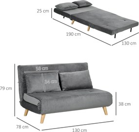 HOMCOM 2místná rozkládací pohovka s funkcí lůžka, rozkládací pohovka s nastavitelným opěradlem, šedý sametový vzhled, 130 x 78 x 79 cm do obývacího p…