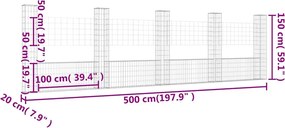 Gabionový koš ve tvaru U s 5 sloupky železo 500 x 20 x 150 cm 151285