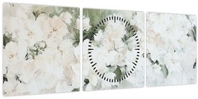 Obraz - Abstrakce bílých květů (s hodinami) (90x30 cm)