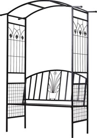 Zahradní oblouk Outsunny s lavičkou, kovový treláž na popínavé rostliny, černý, 154 x 60 x 205 cm | Aosom