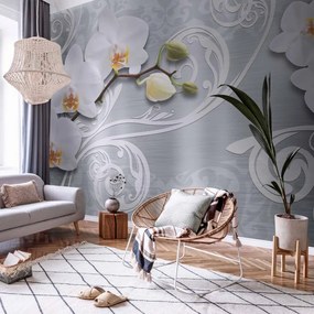 Fototapeta Abstrakce - květiny orchidejí na stříbrném pozadí s fantaskními prvky