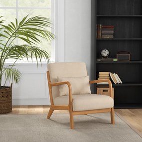 HOMCOM Lounge Křeslo Nordic Styl s Područky a Polštem, Rám z Gumového Dřeva pro Obývací Pokoj, Nosnost 120 kg, 61x78x76 cm, Béžové